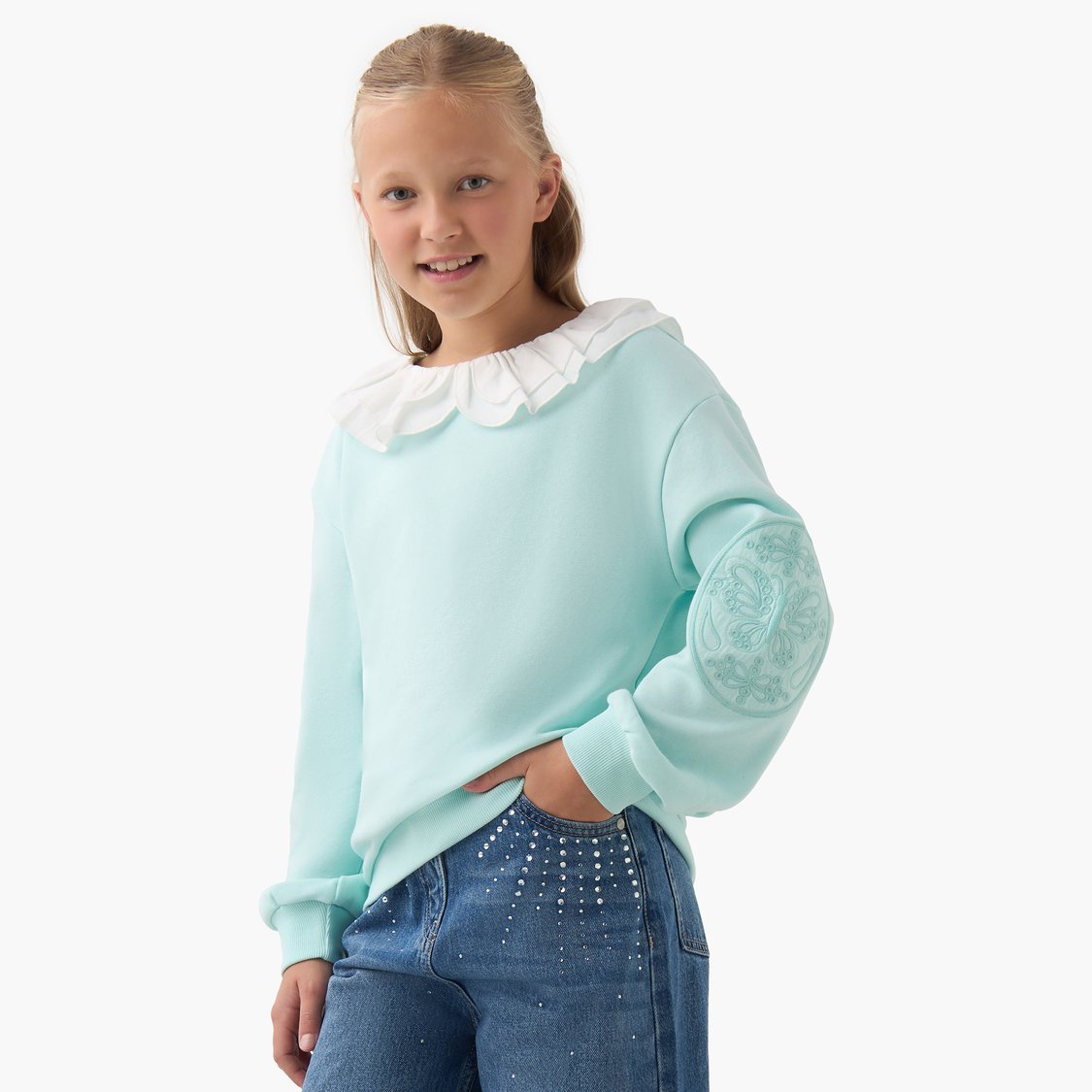 Buy Juniors Embroidered Ruffled Collar Pullover with Long Sleeves from ...