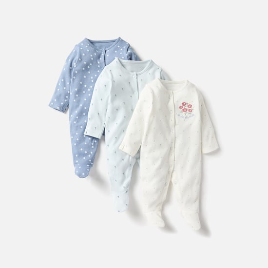 Juniors Floral Print Closed Feet Sleepsuit with Button Closure - Set of 3