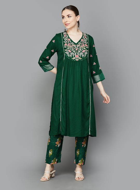 W Women Embroidered Straight Kurta Set