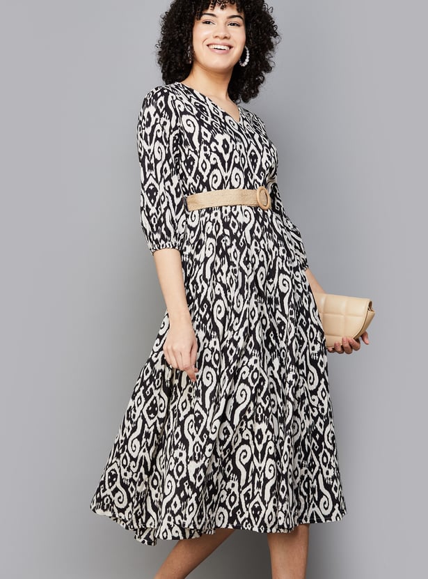 Buy COLOUR ME Women Bohemian Ikat Print Belted Midi Dress from Colour ...