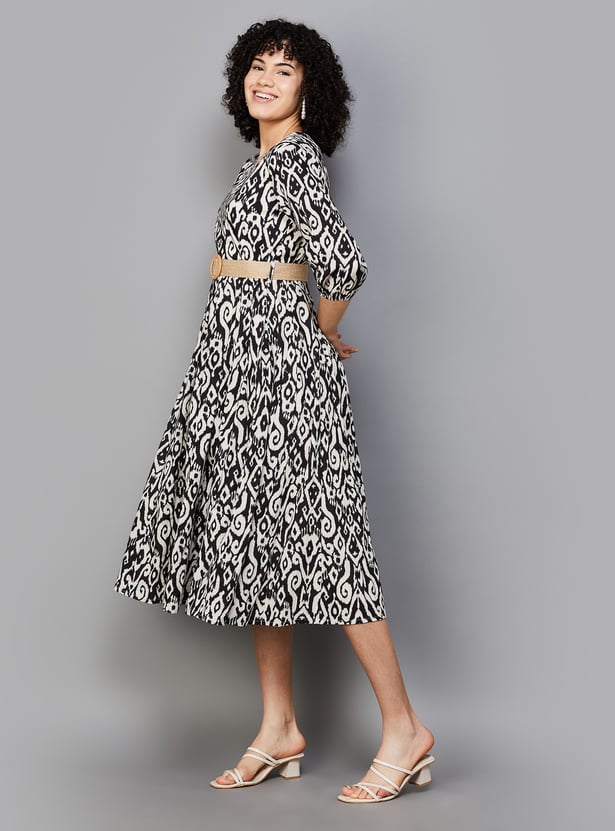 Buy COLOUR ME Women Bohemian Ikat Print Belted Midi Dress from Colour ...