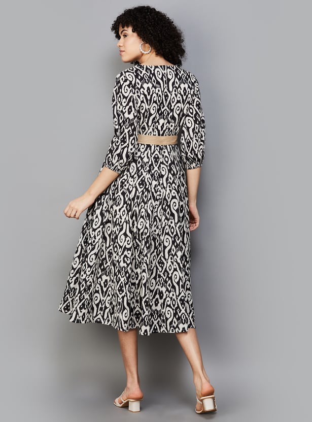 Buy COLOUR ME Women Bohemian Ikat Print Belted Midi Dress from Colour ...