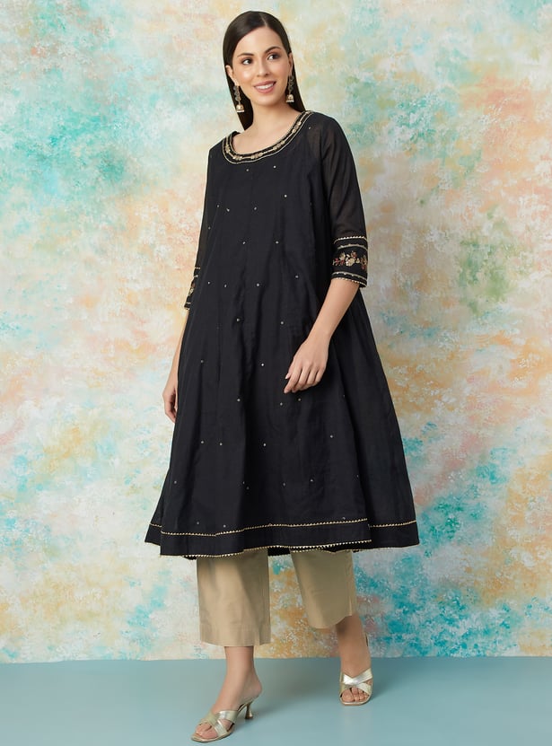 Buy MELANGE Embroidered A-Line Kurta Set with Inner from Melange at ...