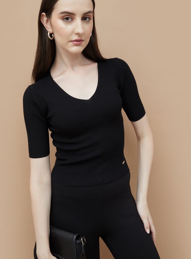 Buy CODE CLASSIC Ribbed V-neck Top from Code Classic at just INR 1299.0