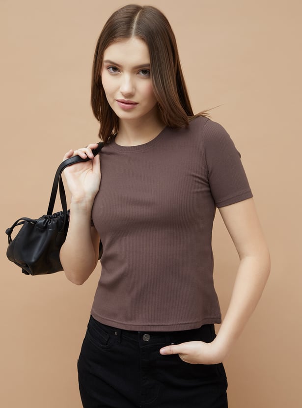 Buy FAME FOREVER Solid Ribbed T-shirt from Fame Forever at just INR 599.0