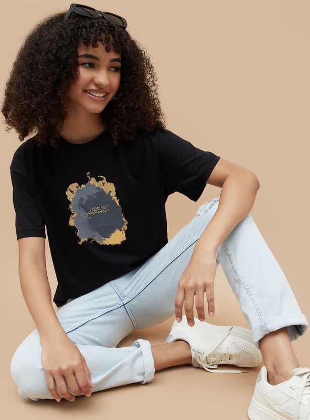 Buy FAME FOREVER Metallic Print Drop Shoulder T-shirt from Fame Forever at just INR 399.0