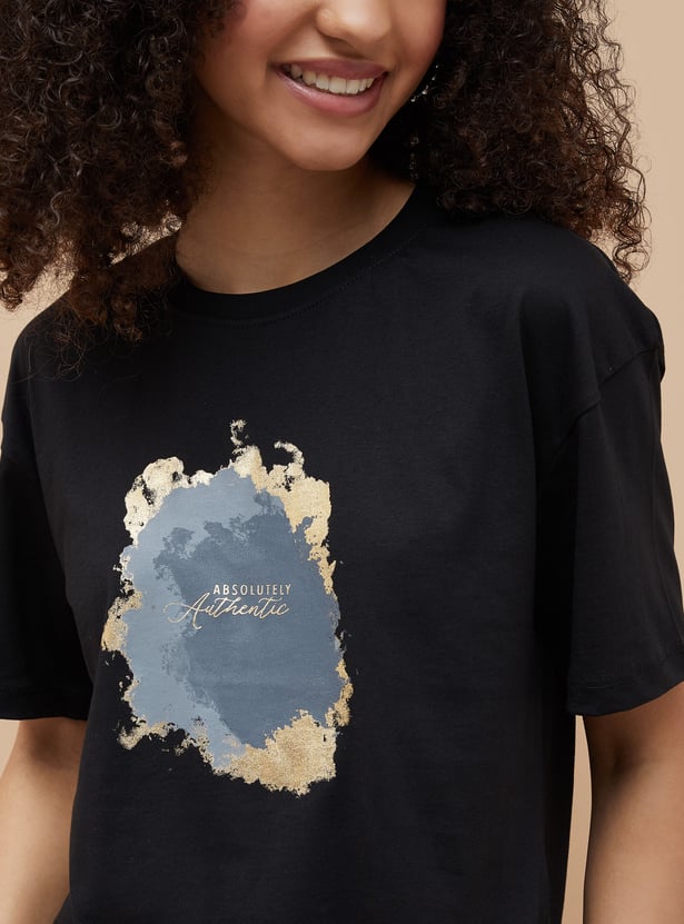 Buy FAME FOREVER Metallic Print Drop Shoulder T-shirt from Fame Forever at just INR 399.0