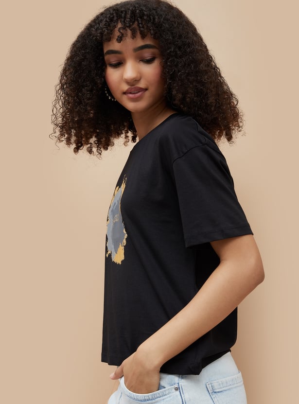 Buy FAME FOREVER Metallic Print Drop Shoulder T-shirt from Fame Forever at just INR 399.0