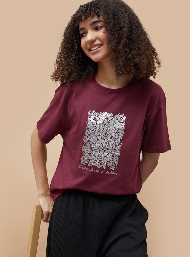 Buy FAME FOREVER Metallic Print Drop Shoulder T-shirt from Fame Forever ...