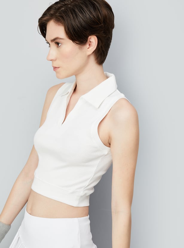 Buy Women Ribbed Johnny Collar Crop Top Online at just Rs. 399.0 ...
