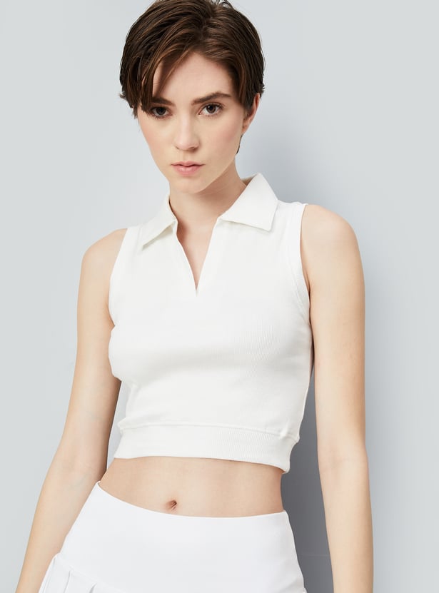 Buy Women Ribbed Johnny Collar Crop Top Online at just Rs. 399.0 ...